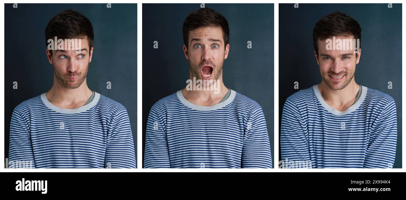 Composite, portrait and man with expressions or funny faces in studio ...