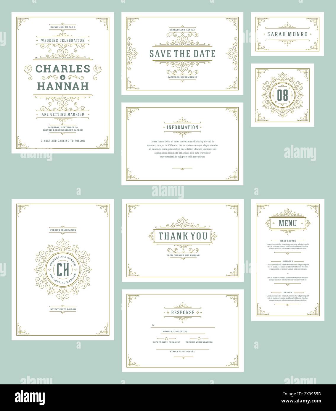 Set wedding invitations cards flourishes ornaments. Invite, save the ...