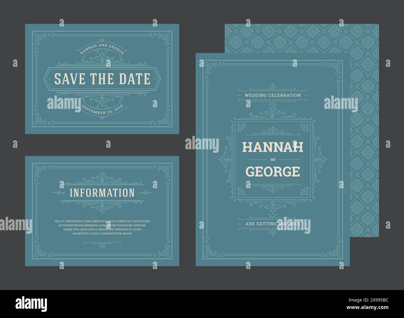 Set wedding invitations flourishes ornaments cards. Invite, save the ...