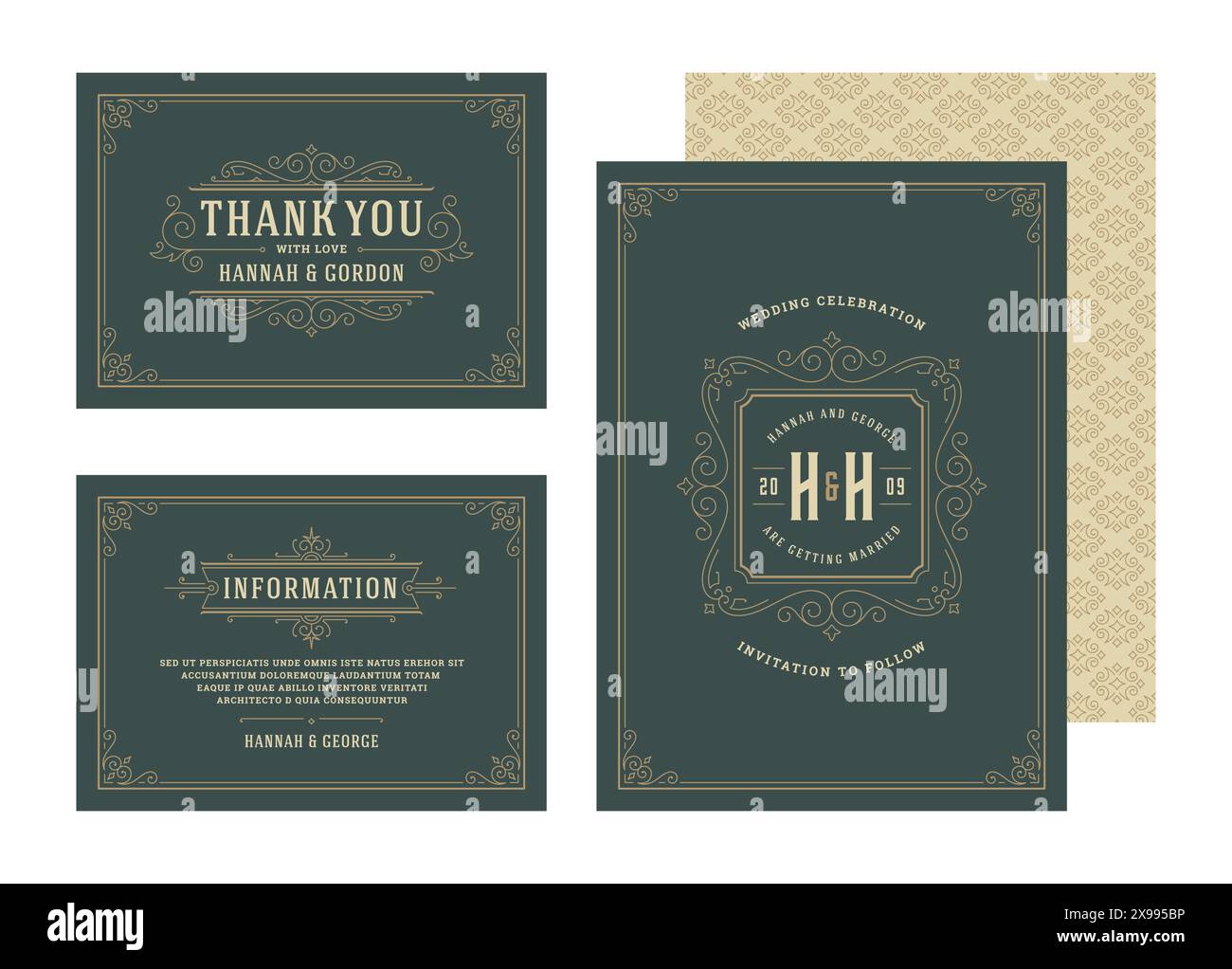 Set wedding invitations flourishes ornaments cards invite save the date ...