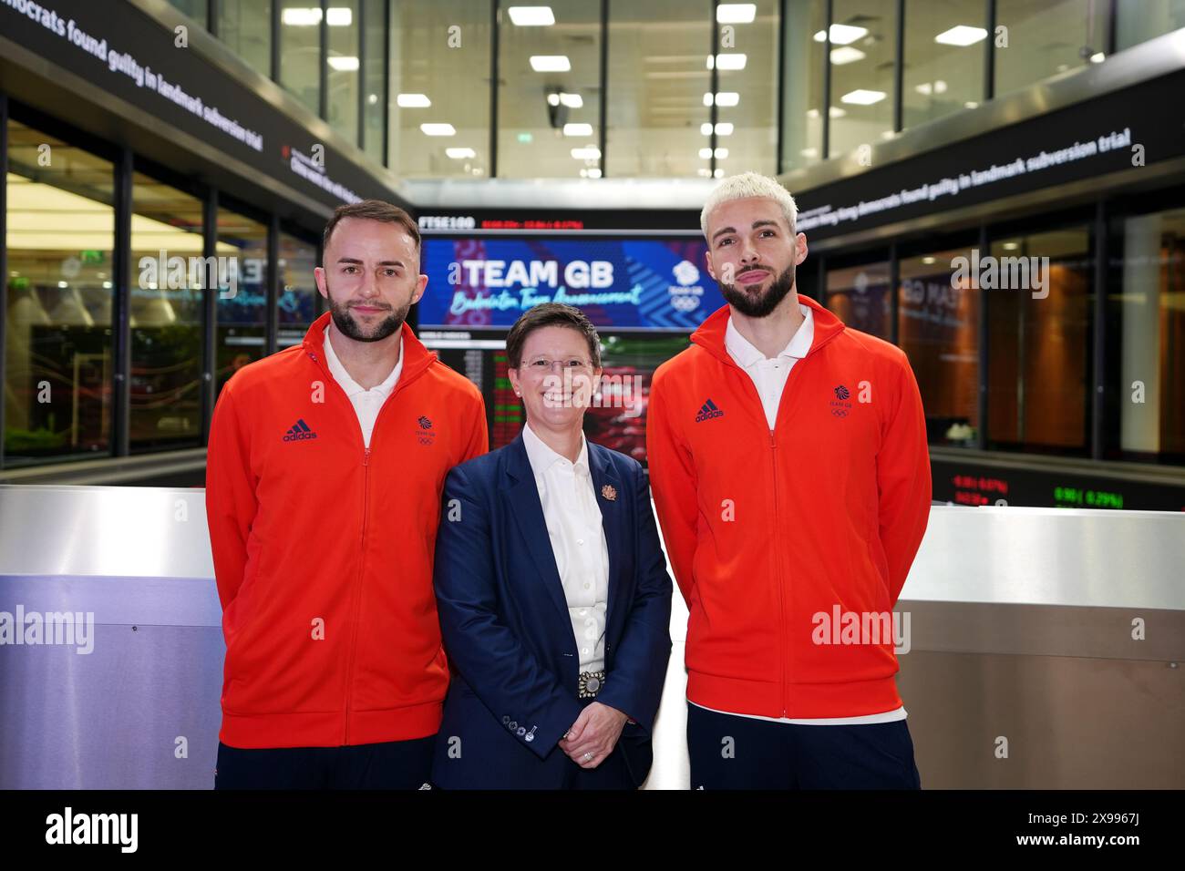 Team GB's Ben Lane (left) and Sean Vendy (right) with CEO of London Stock Exchange Julia Hoggett ...