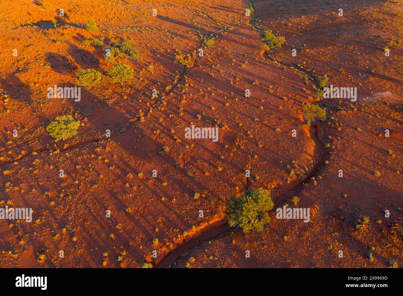 Aerial view of a dry creek bed running through an arid outback ...