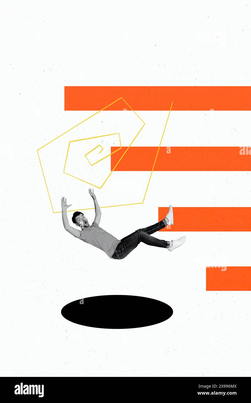 Vertical image collage young man falling down abyss hole surreal ...