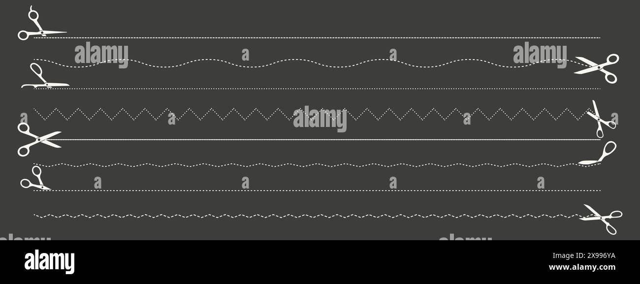 Scissors cutting straight, zigzag, wavy, curved and dotted lines ...