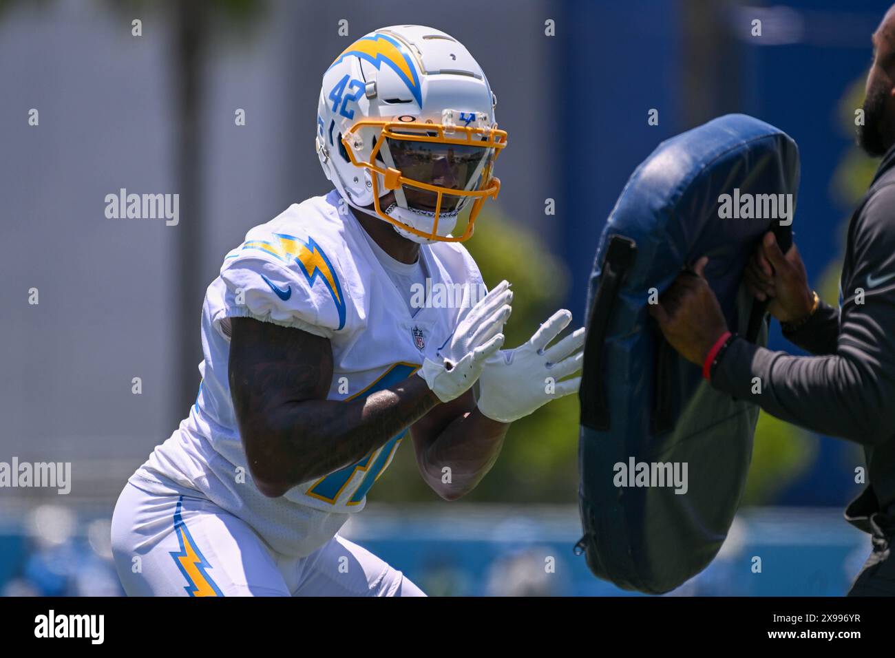 Los Angeles Chargers running back Elijah Dotson (42) during organized ...