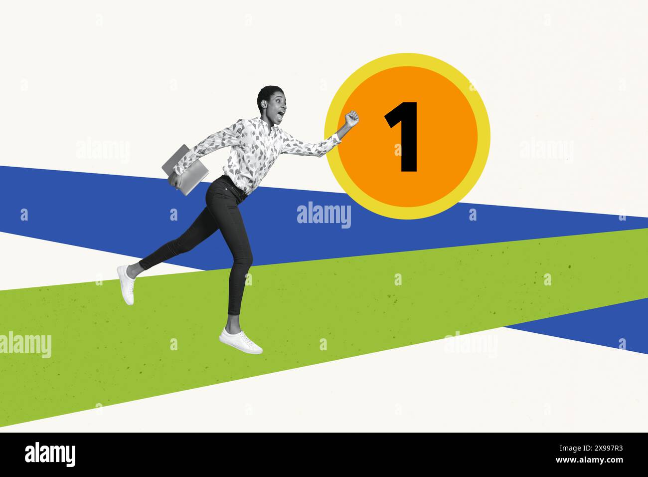 Creative collage image young ambitious woman run persistent ...