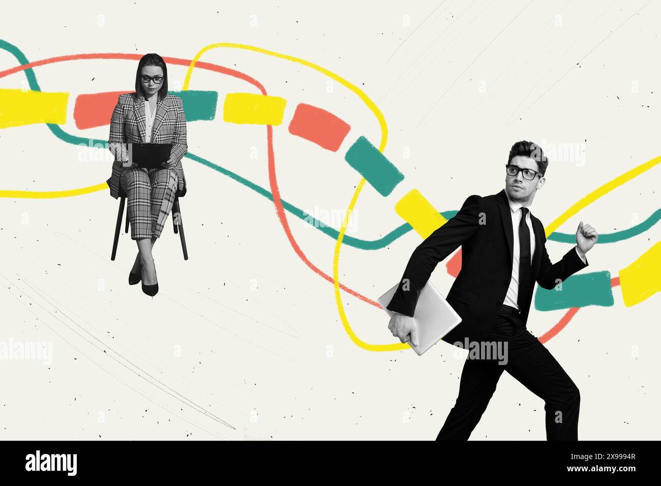 Creative trend collage of two funny people working process corporate ...