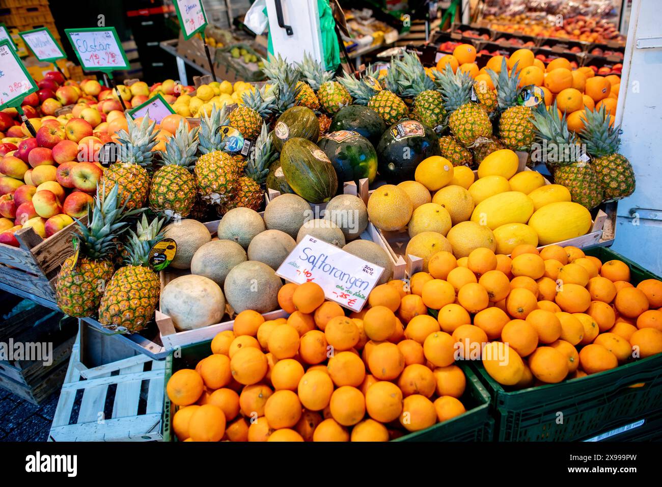 Oldenburg, Germany. 30th May, 2024. Citrus fruits, melons, pineapples ...