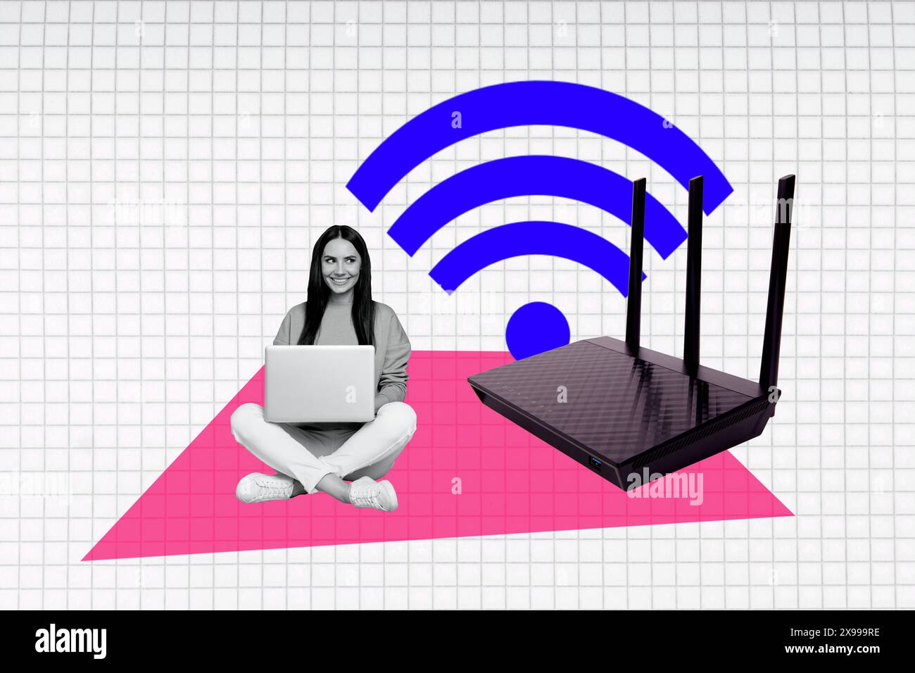 Creative collage image young happy woman remote worker freelancer wifi ...