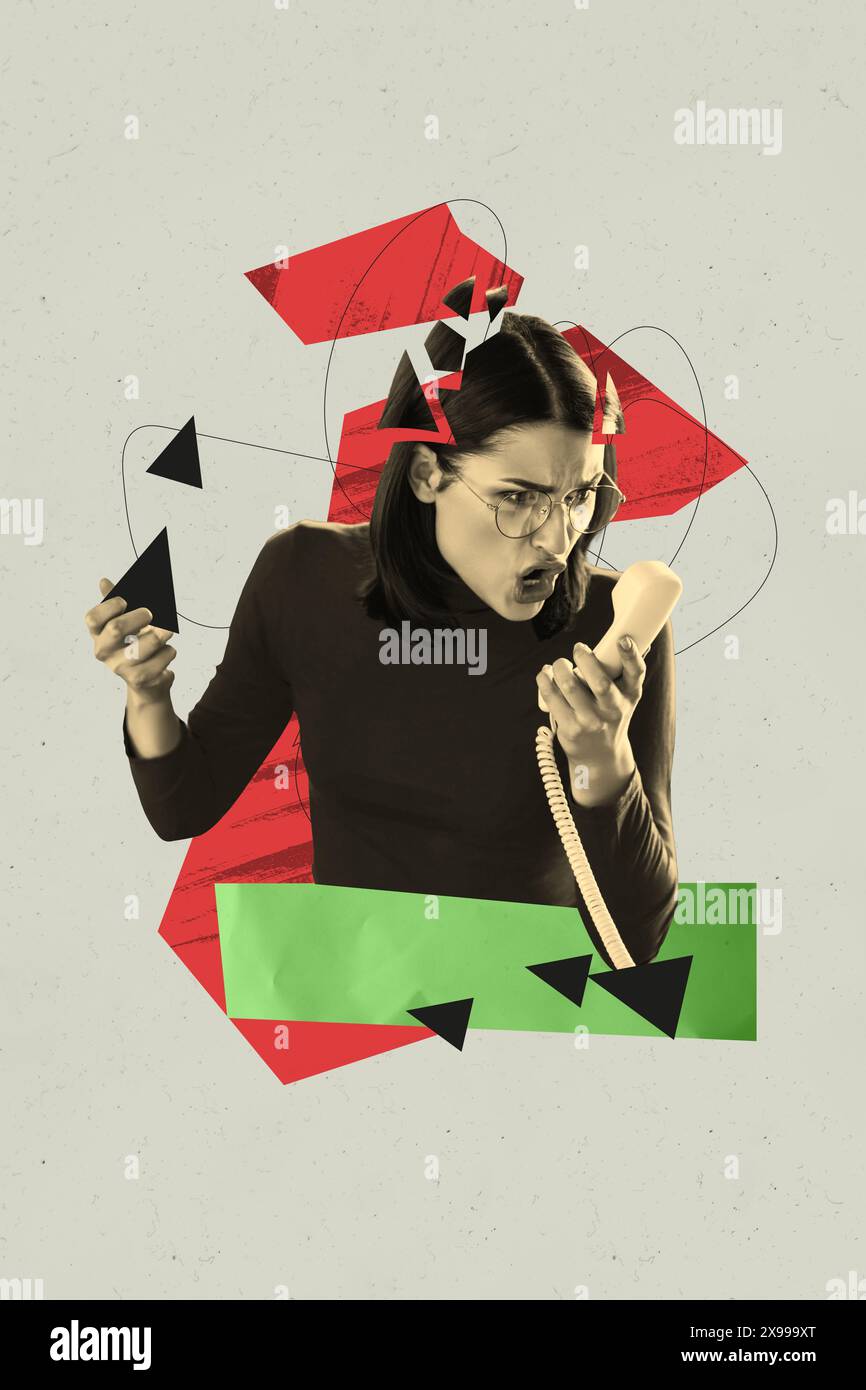 Collage artwork image of angry crazy mad boss speak phone scream ...