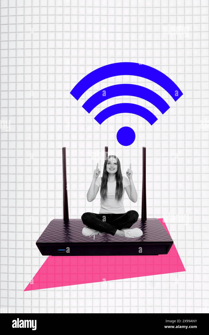 Vertical collage image young happy cheerful girl sit wifi router internet connection access ...
