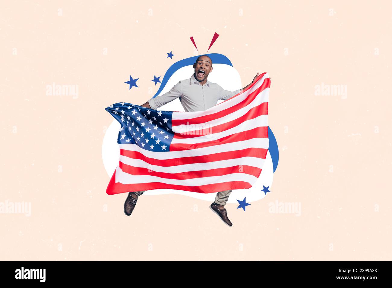 Creative abstract template collage of funny man hold flag celebrating ...