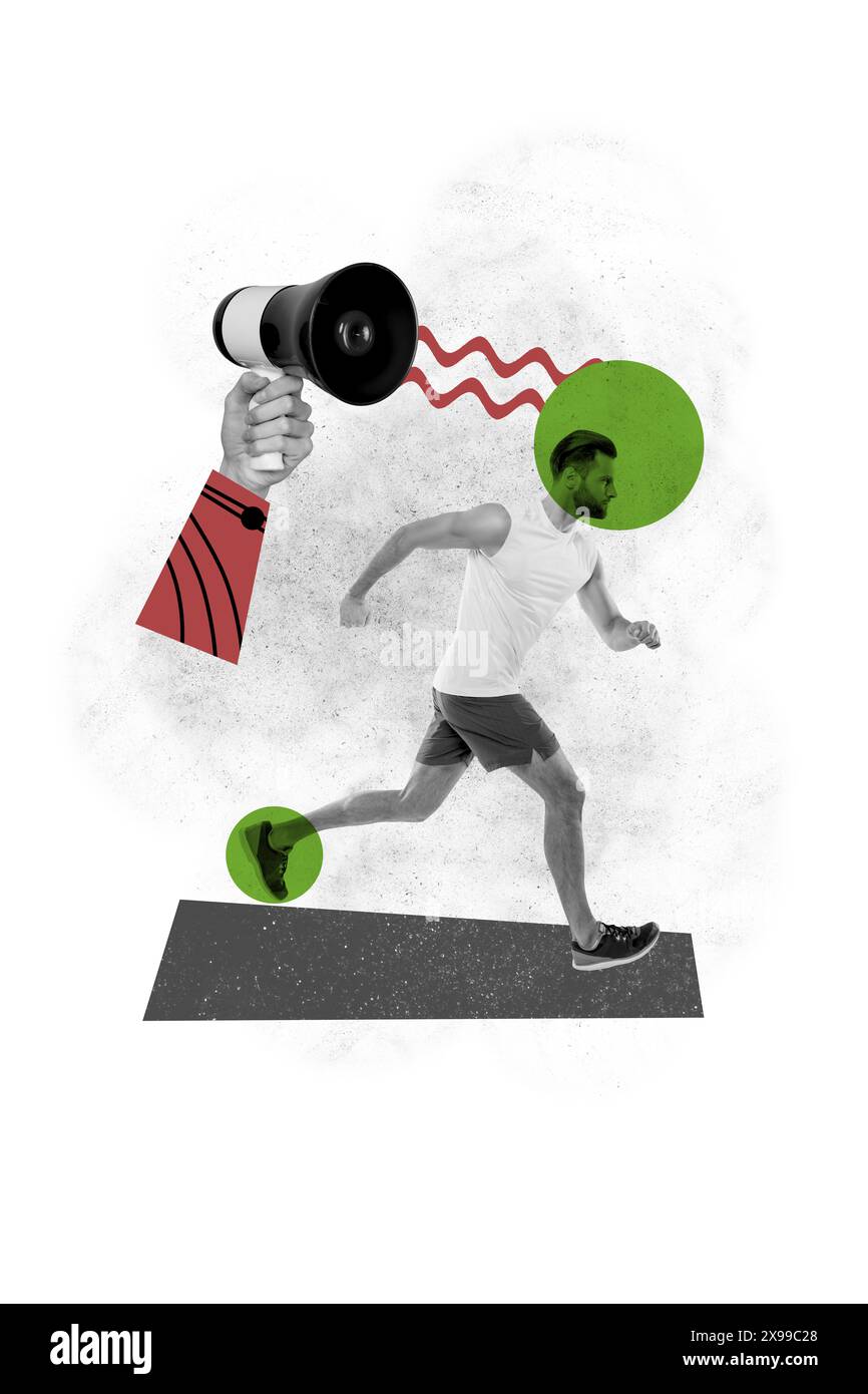 Vertical photo collage of serious sportsman run sport competition hand ...