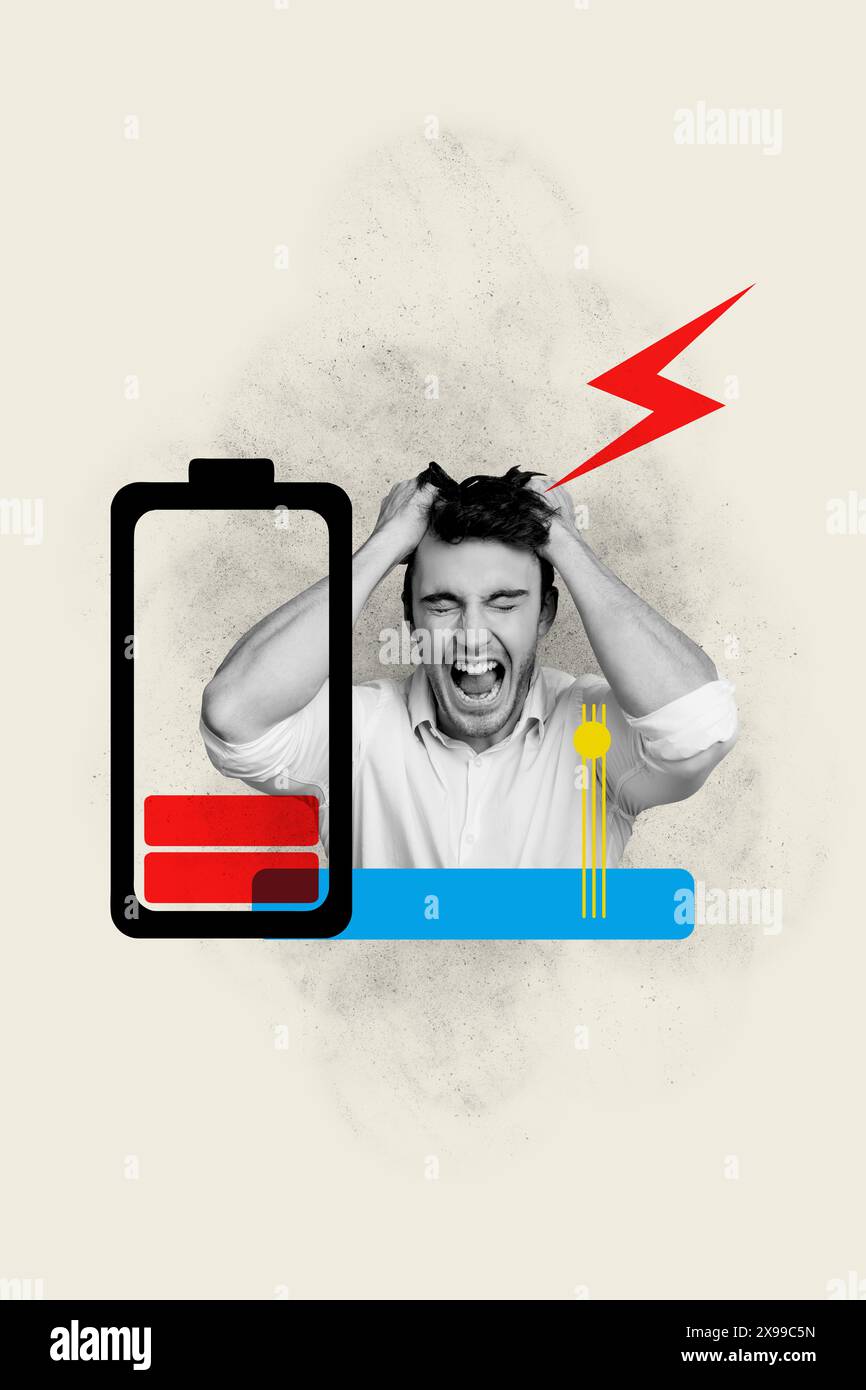 Vertical photo collage of angry dissatisfied man low icon charge ...