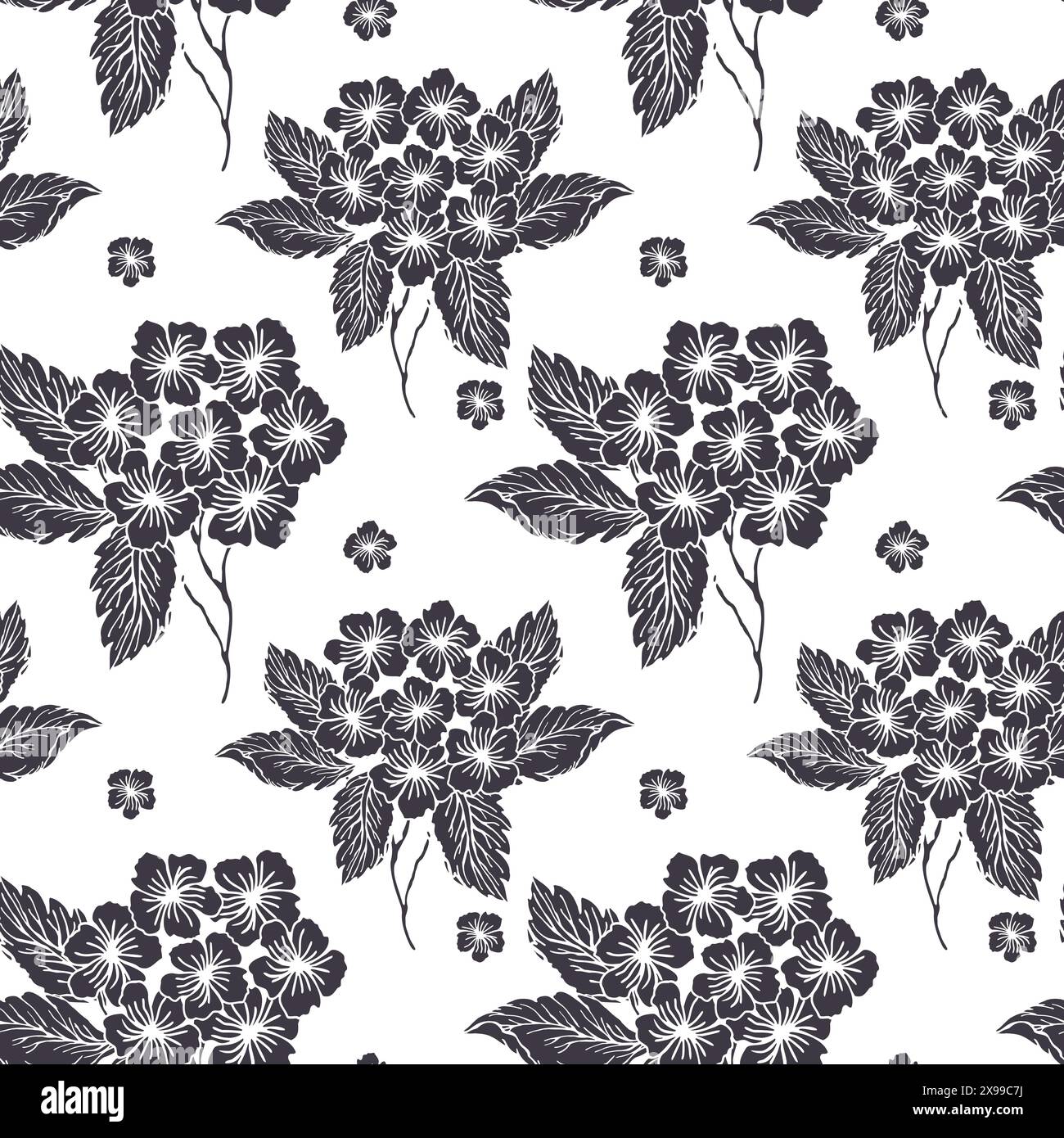 Spring hydrangea silhouette flower seamless pattern with line art ...