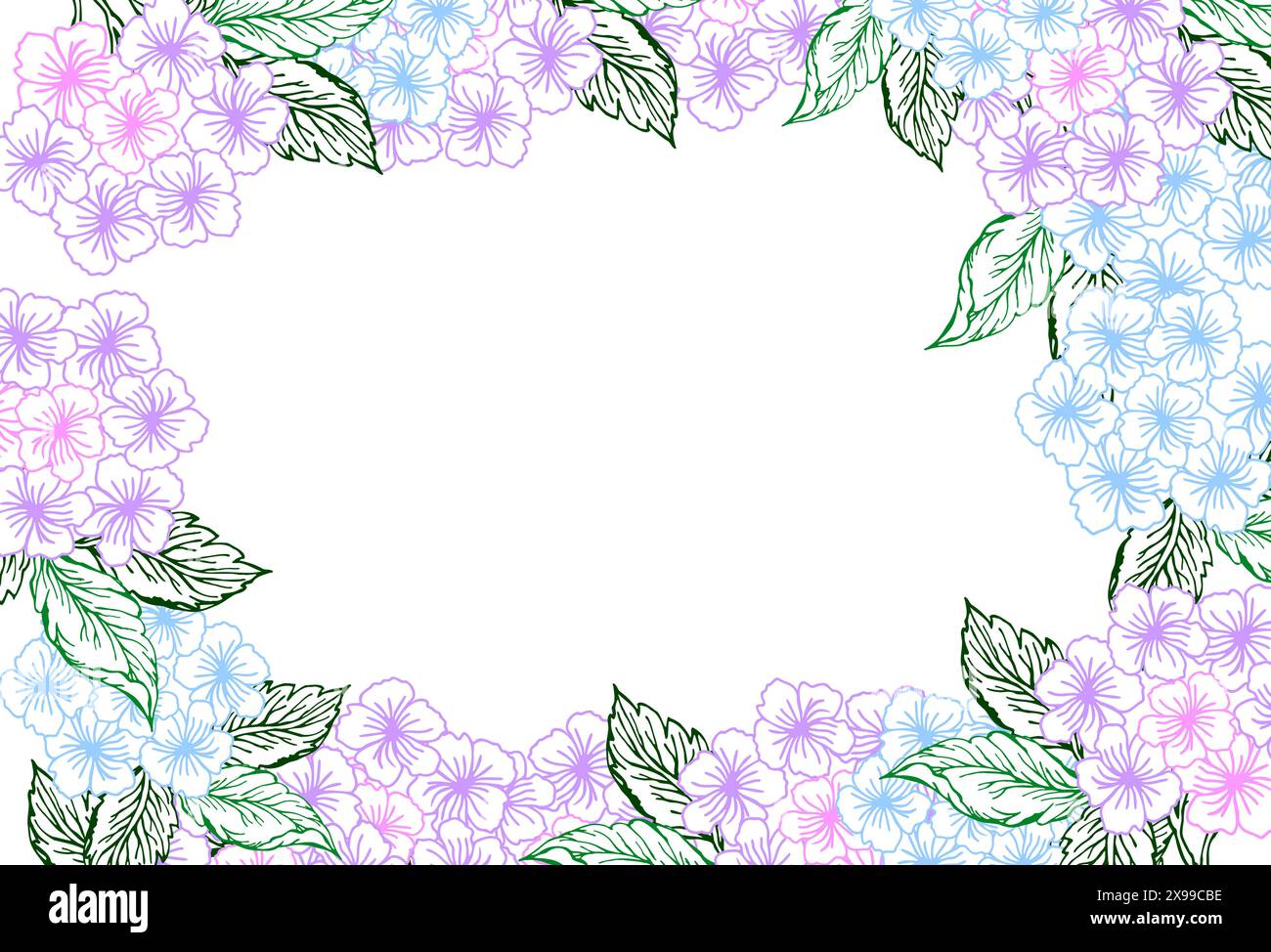 Spring floral horizontal wreath banner with blue and pink hydrangea ...