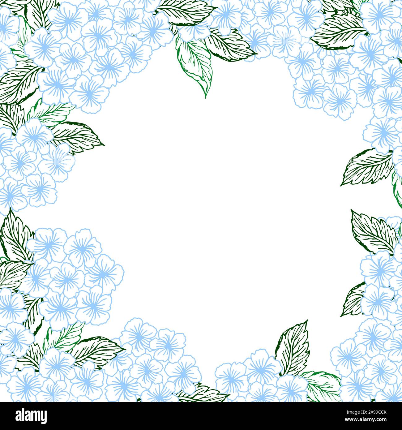 Spring floral square wreath with blue hydrangea flower. Line art little ...