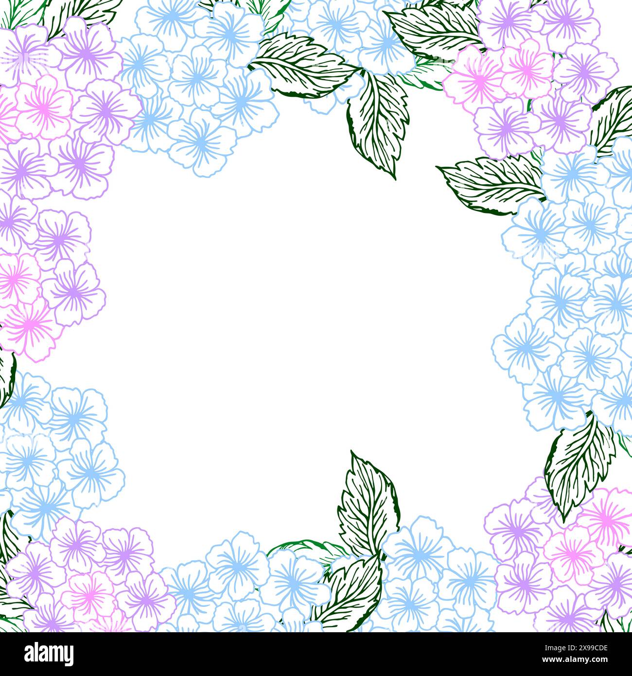 Spring floral square wreath with blue and pink hydrangea flower. Line ...