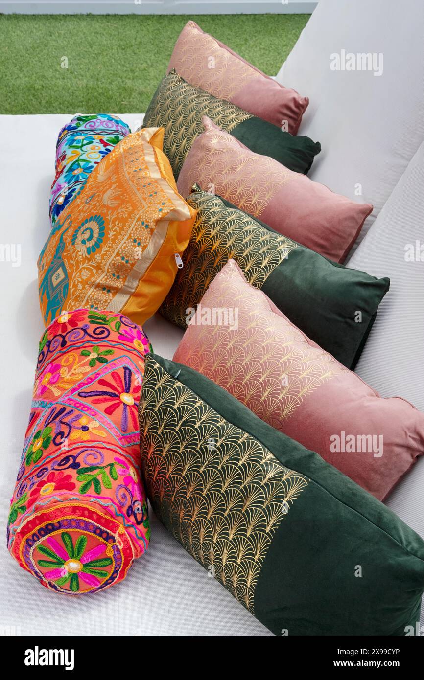 Decorative cushions on a lounge bed, interior design elements featuring ...