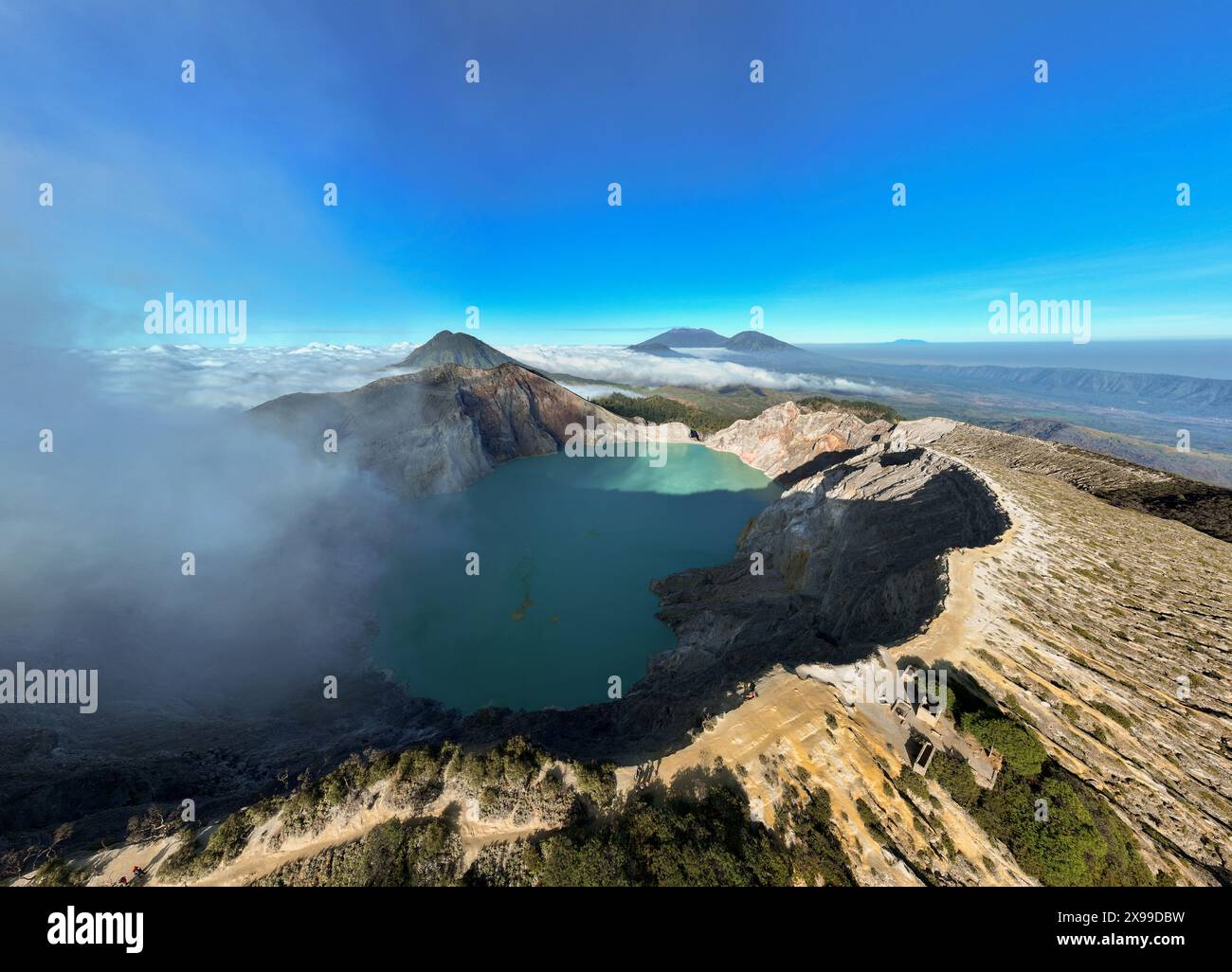 Aerial view of mount Kawah Ijen volcano crater at sunrise, East Java ...