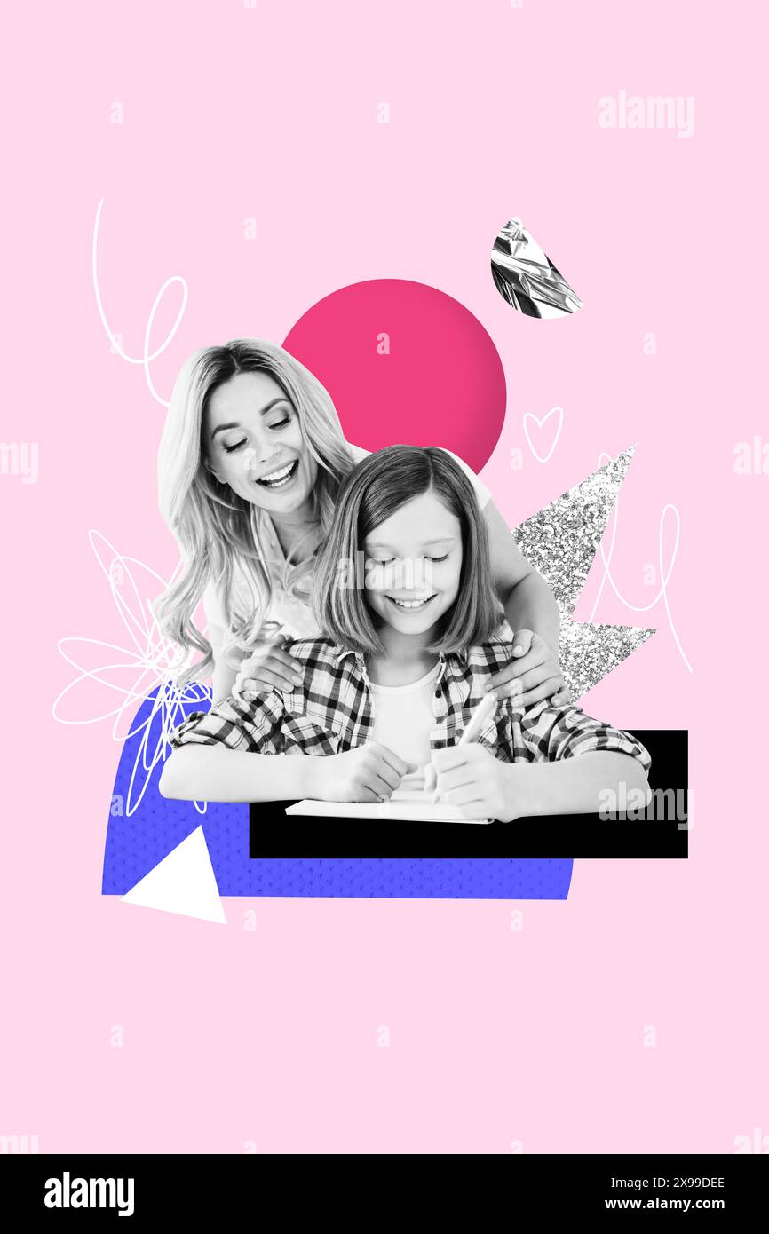 Creative banner poster collage of mother daughter help doing homework ...