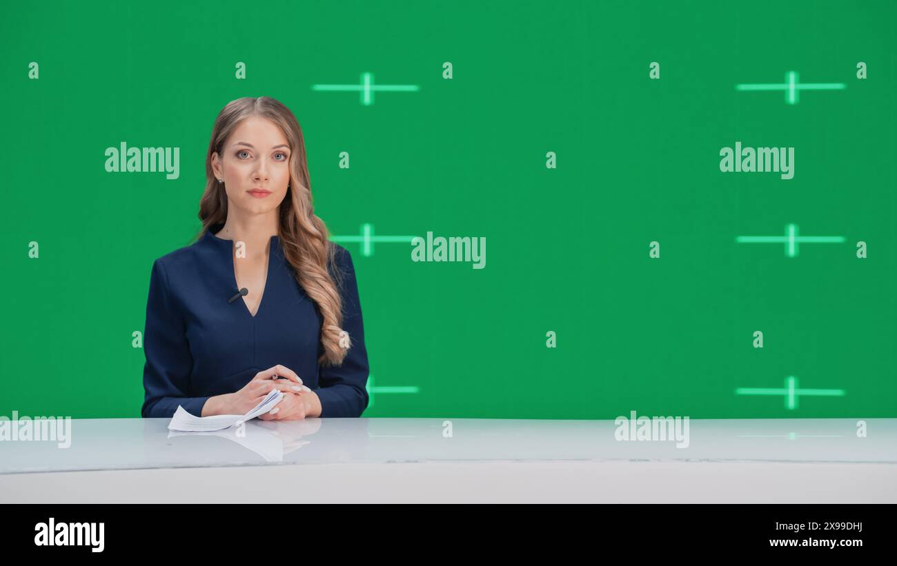 Newsroom TV Studio Live News Program: Caucasian Female Presenter ...