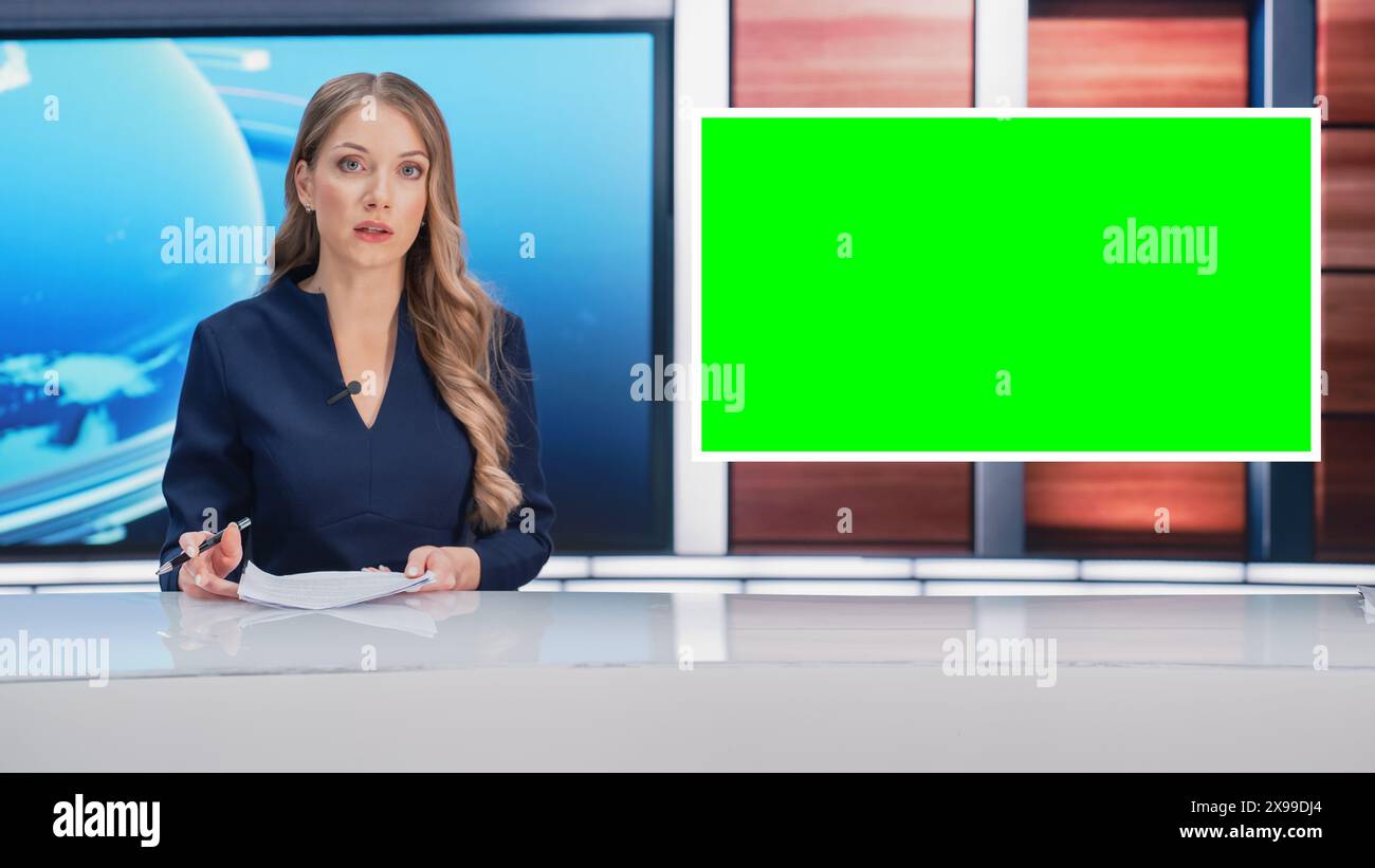 Newsroom TV Studio Live News Program: Caucasian Female Presenter ...