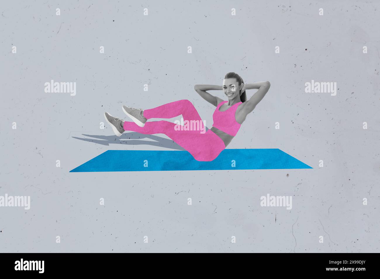 Collage image artwork of cheerful happy woman sport exercises gym ...