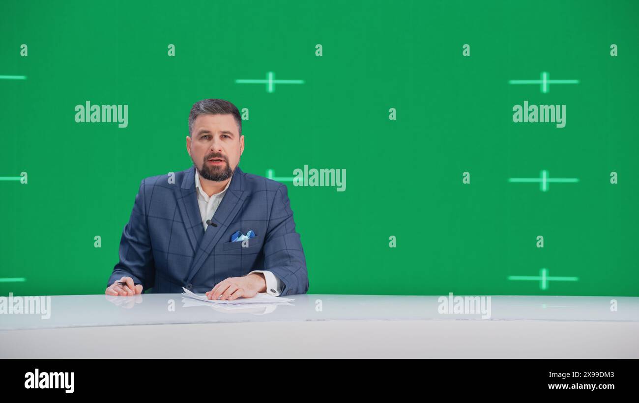 Newsroom TV Studio Live News Program: Caucasian Male Presenter ...