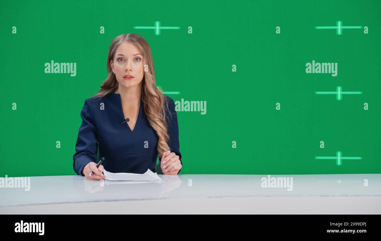 Newsroom TV Studio Live News Program: Caucasian Female Presenter ...