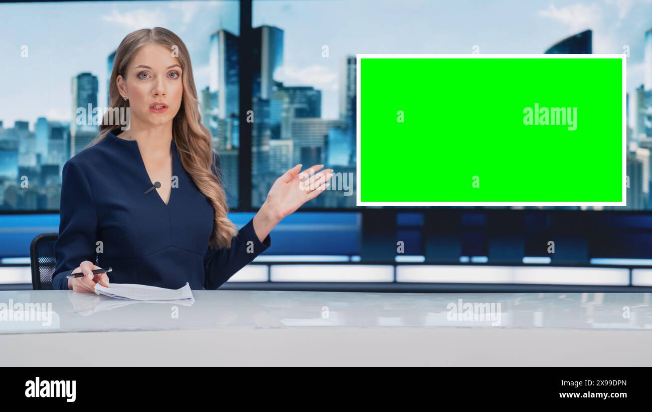 Newsroom TV Studio Live News Program: Caucasian Female Presenter ...