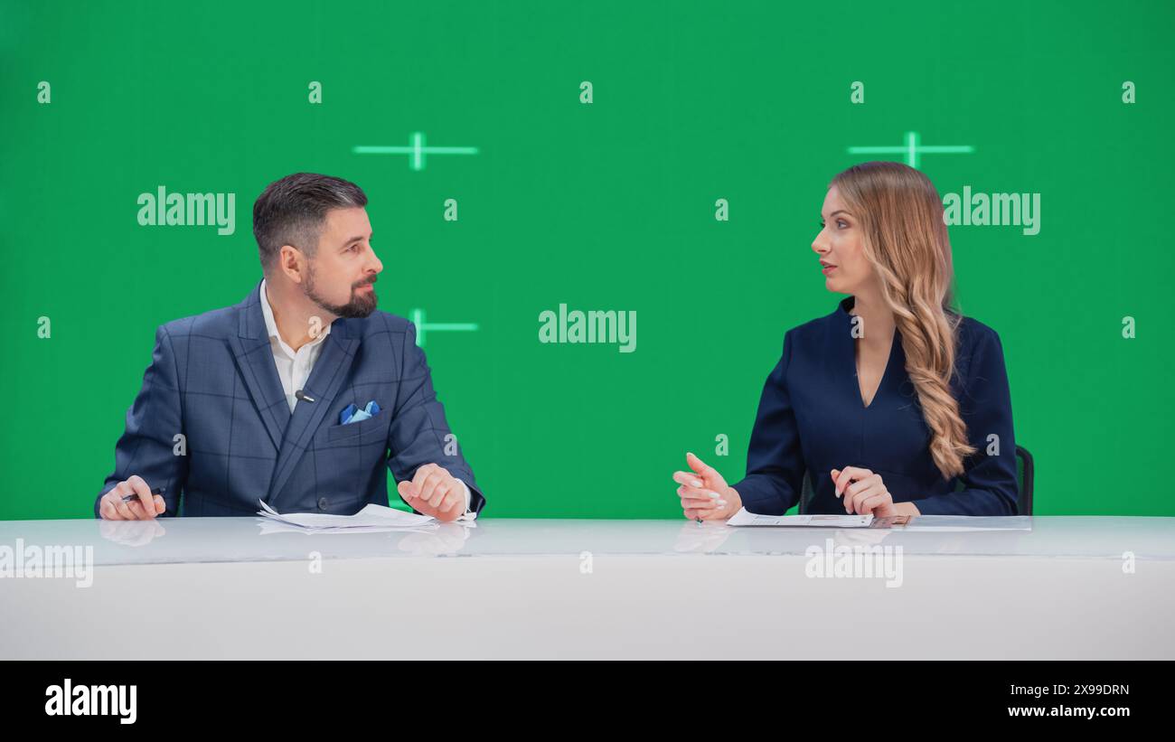 Newsroom TV Studio Live News Program: Caucasian Male and Female ...