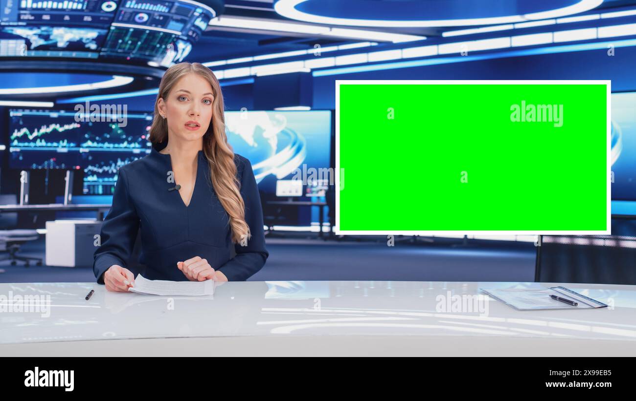 Newsroom TV Studio Live News Program: Caucasian Female Presenter ...
