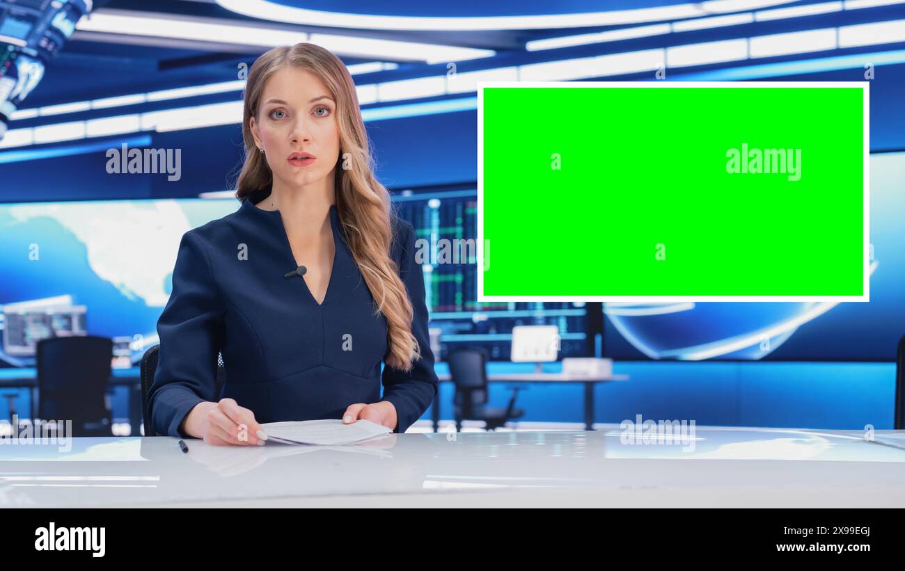 Newsroom TV Studio Live News Program: Caucasian Female Presenter ...