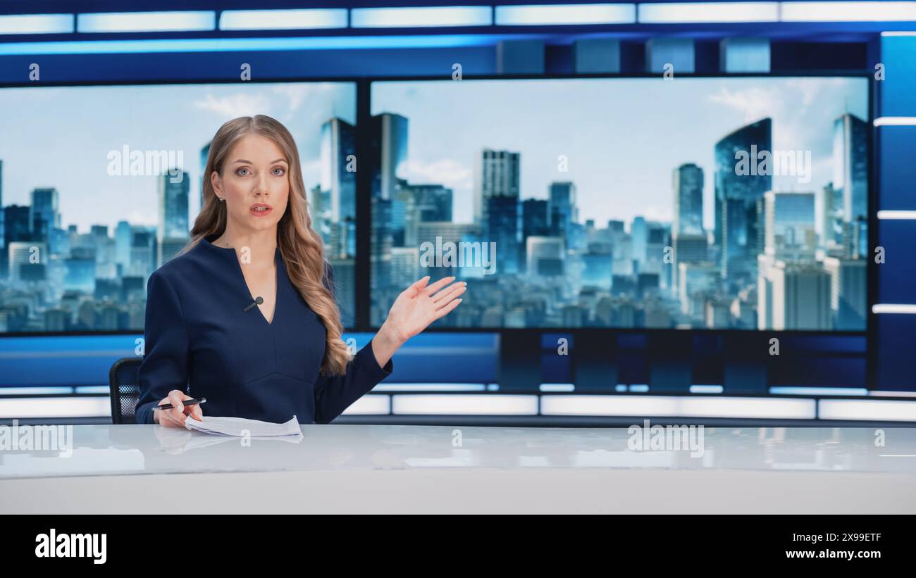 TV Live News Program with Professional Female Presenter Reporting ...