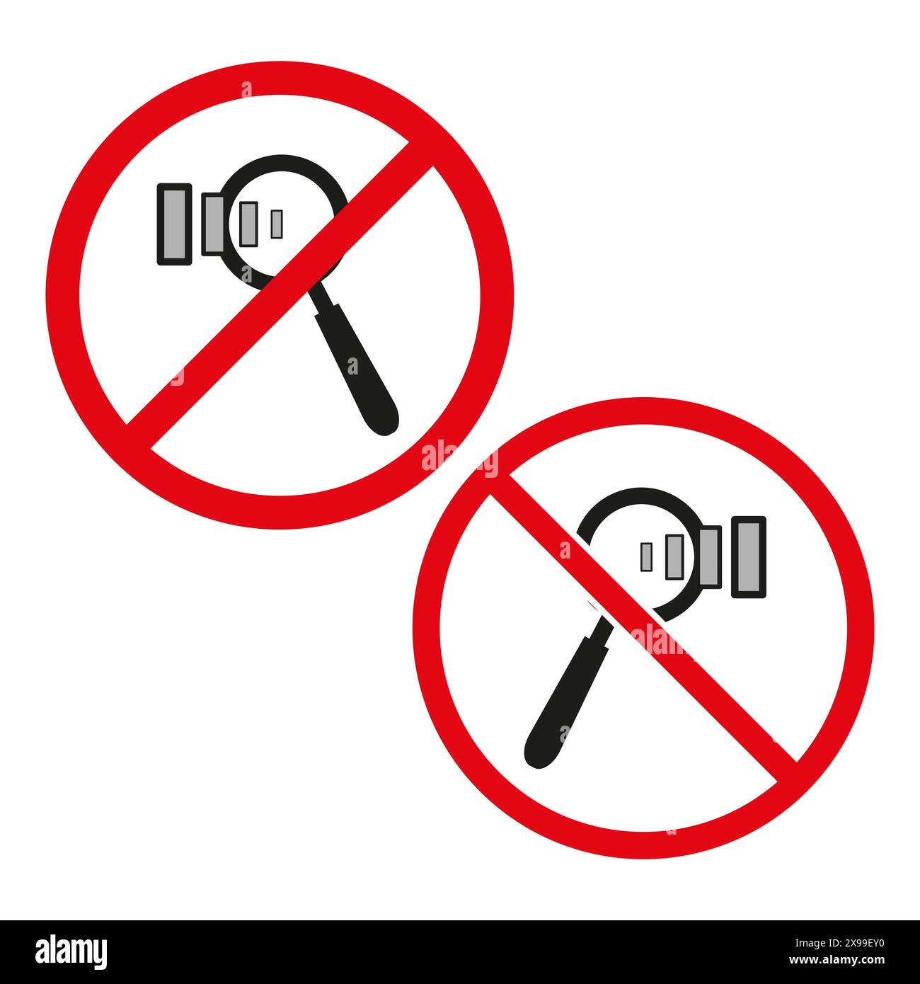 No magnifying glass icons. Red prohibition signs. Search symbol banned ...