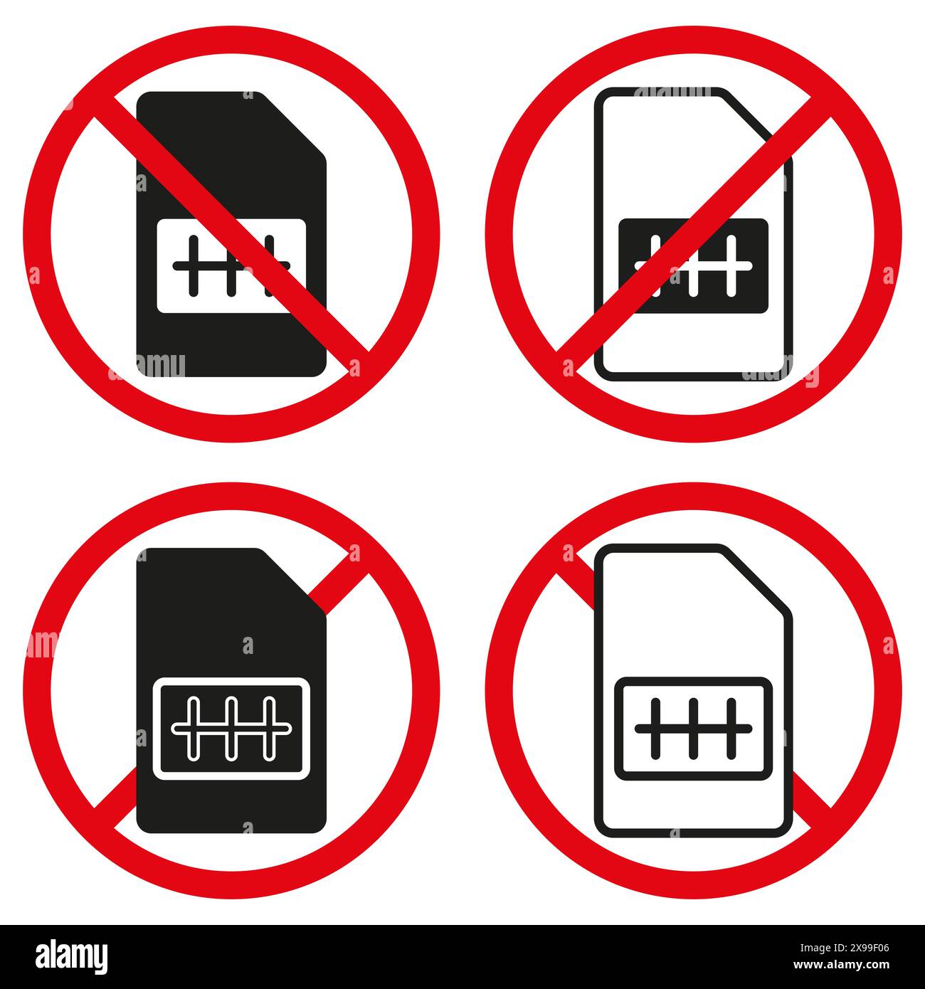 No SIM card icons. Prohibited red circle. Black and white vector ...