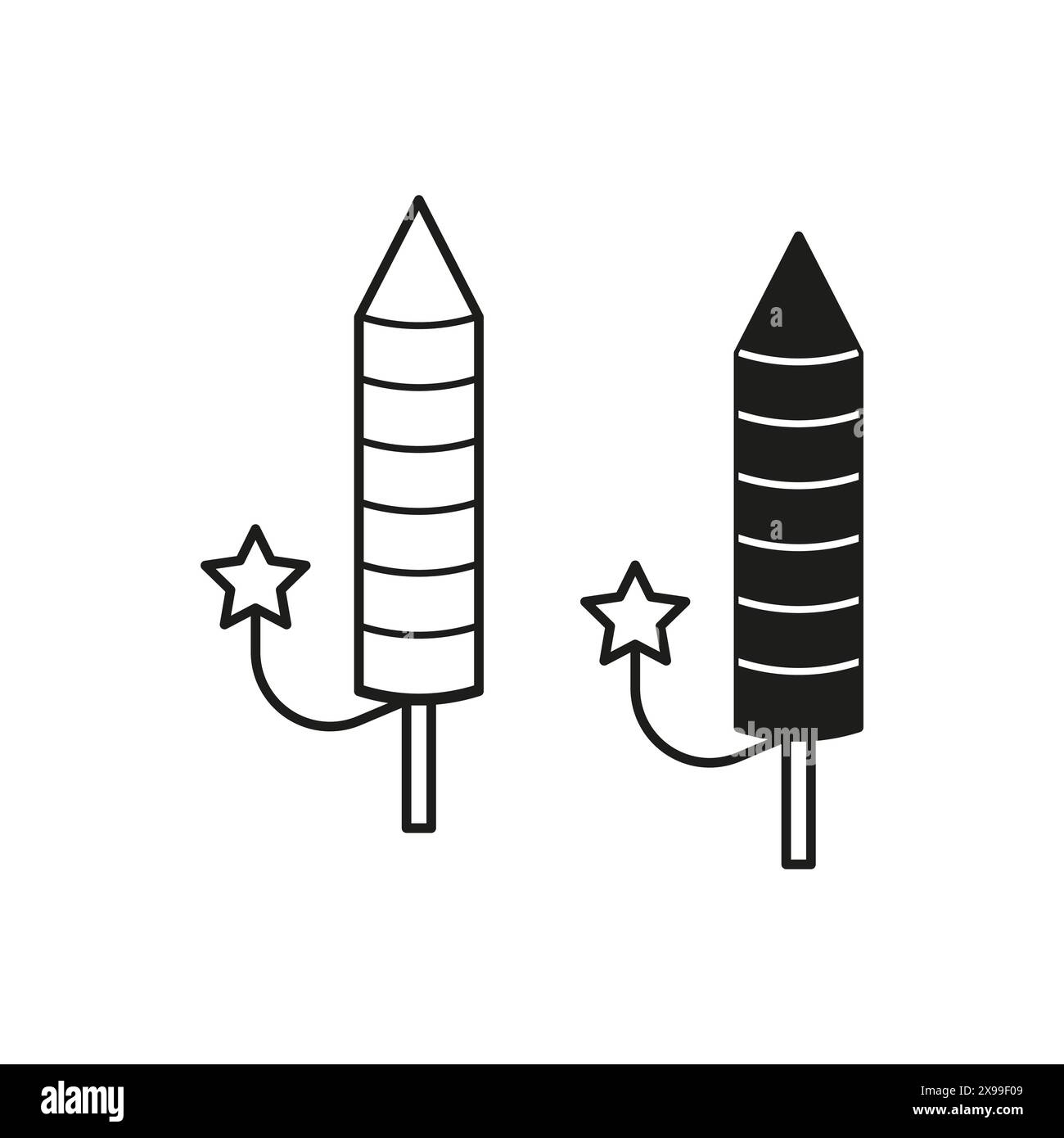 Firework rockets with stars. Vector celebration icons. Black and white ...