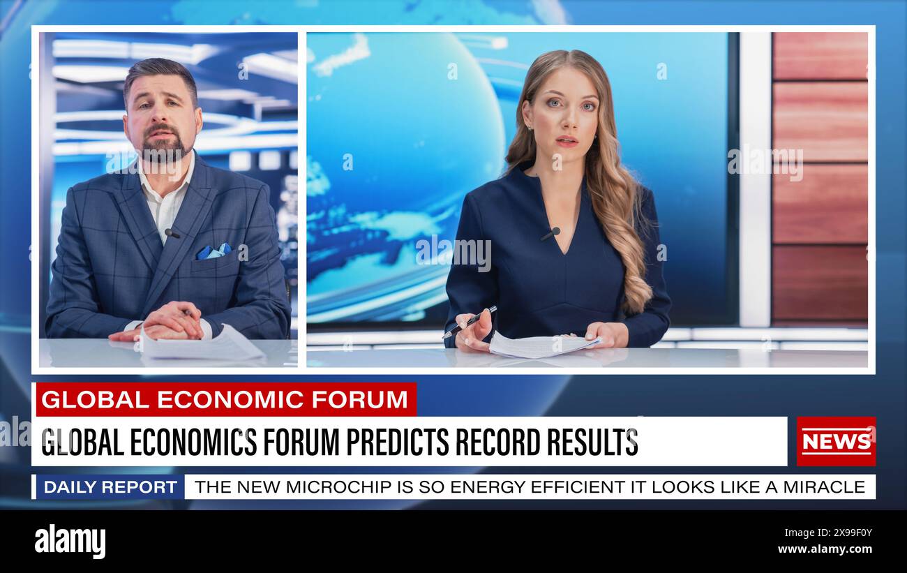 Split Screen: Two Anchors Talking TV Live News Segment. Presenters Discuss Business, Economy ...