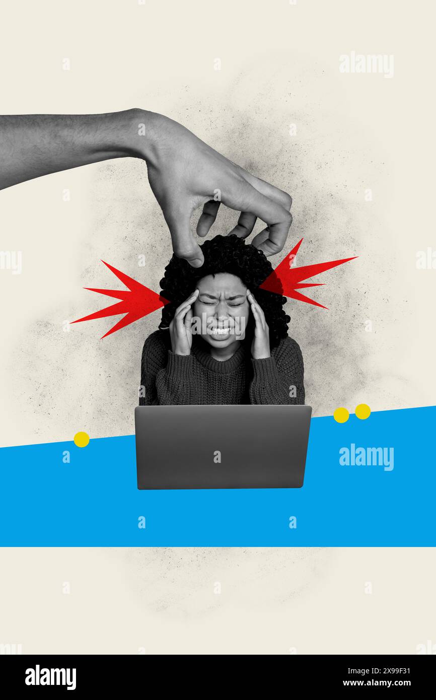 Vertical photo collage of angry american girl hold head workload ...