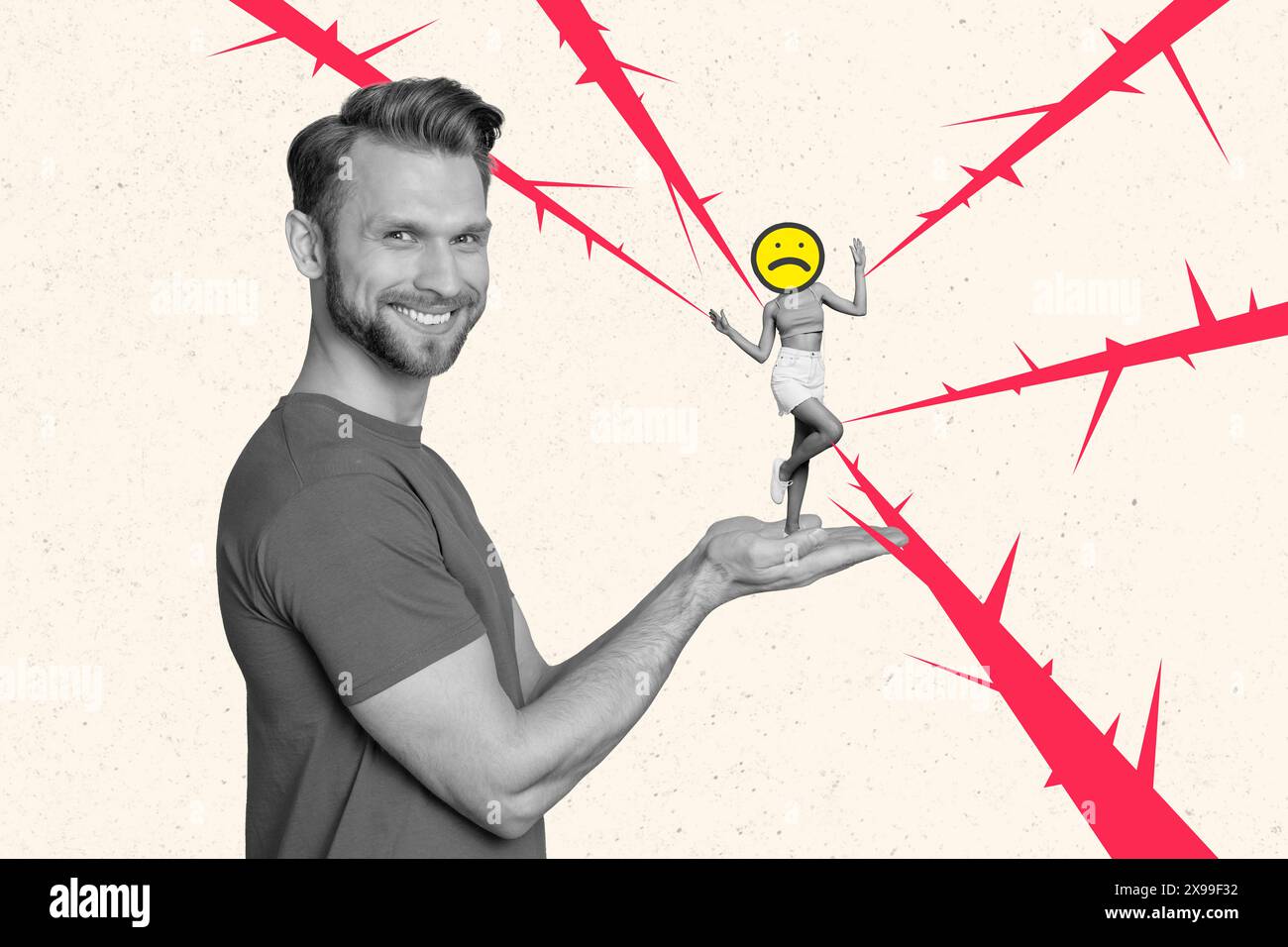 Creative collage young cheerful man hold palms hands woman headless ...