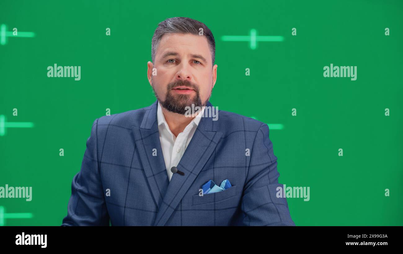 Newsroom TV Studio Live News Program: Caucasian Male Presenter ...