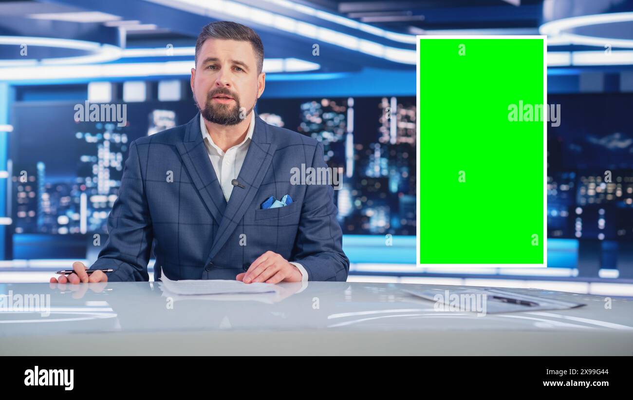 Split Screen TV News Live Report: Male Anchor Talks, Reporting ...