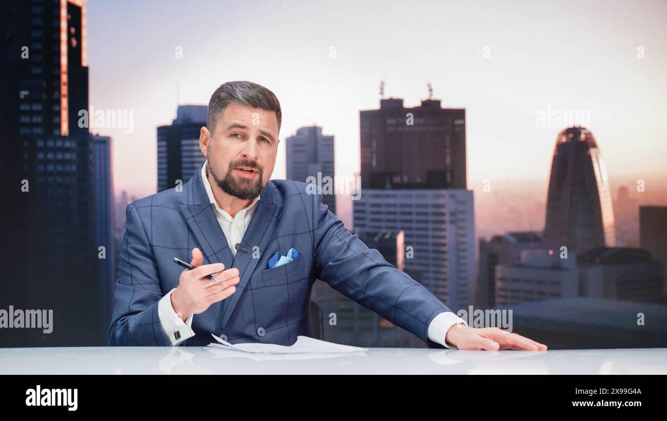 Daytime TV Talk Show Live News Program: Male Anchor Presenter Reporting ...