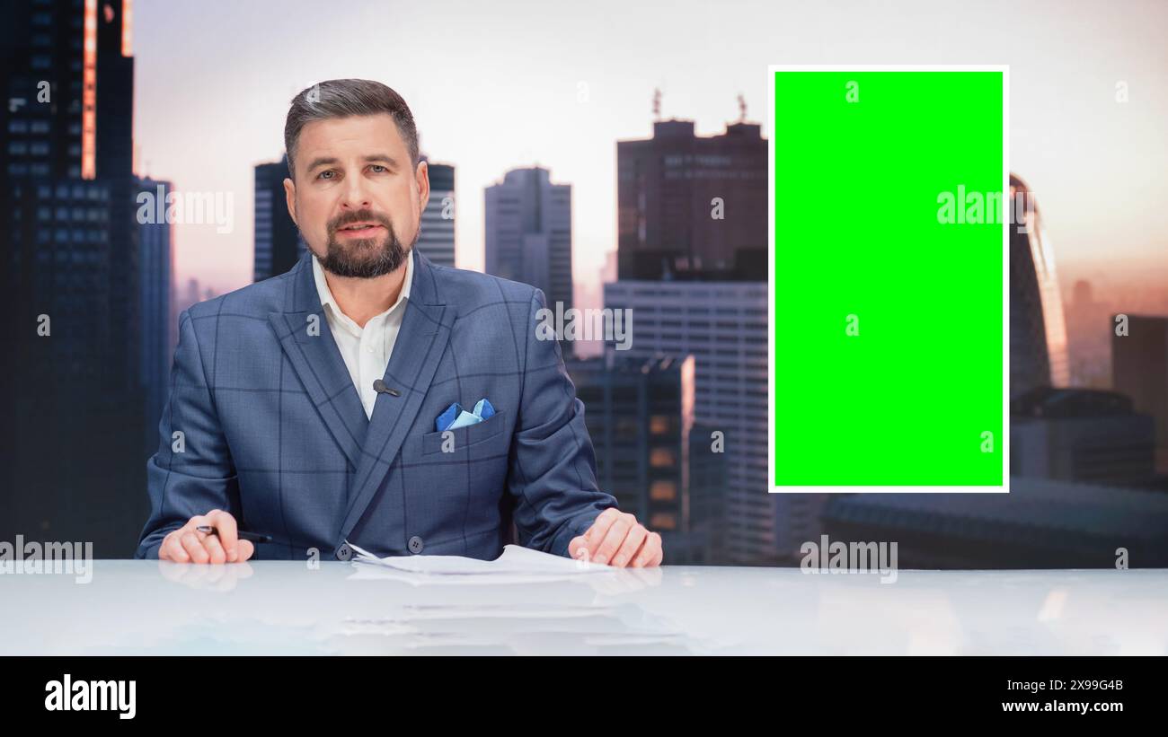 Split Screen TV News Live Report: Male Anchor Talks, Reporting ...