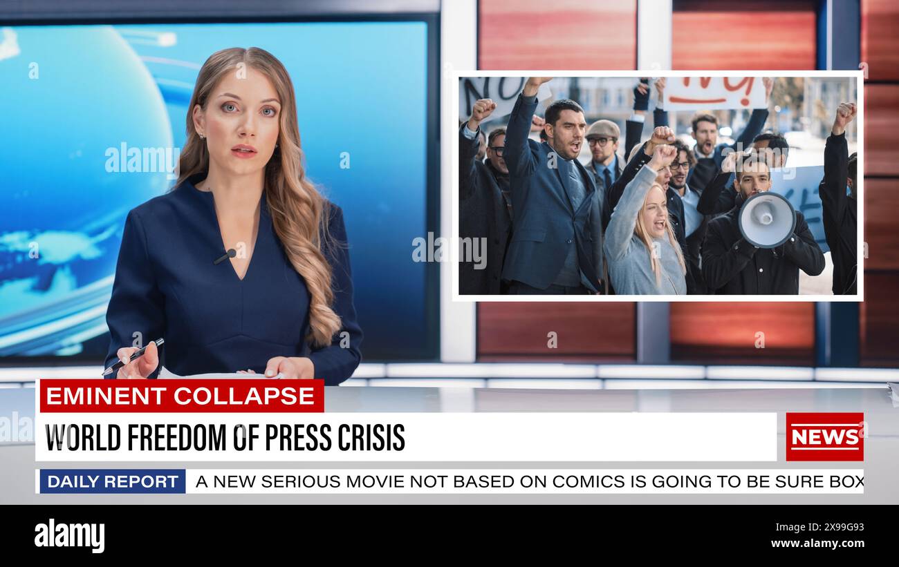Split Screen TV News Live Report: Anchorwomen Talks. Reportage Montage ...