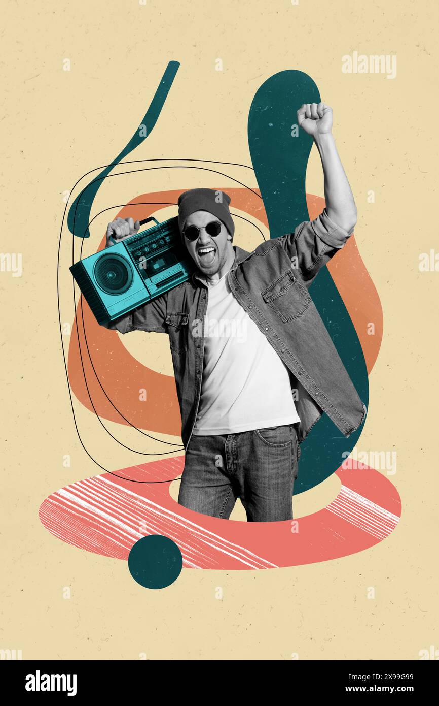 Collage Image Artwork Of Funny Man Listen Music Playlist Boombox