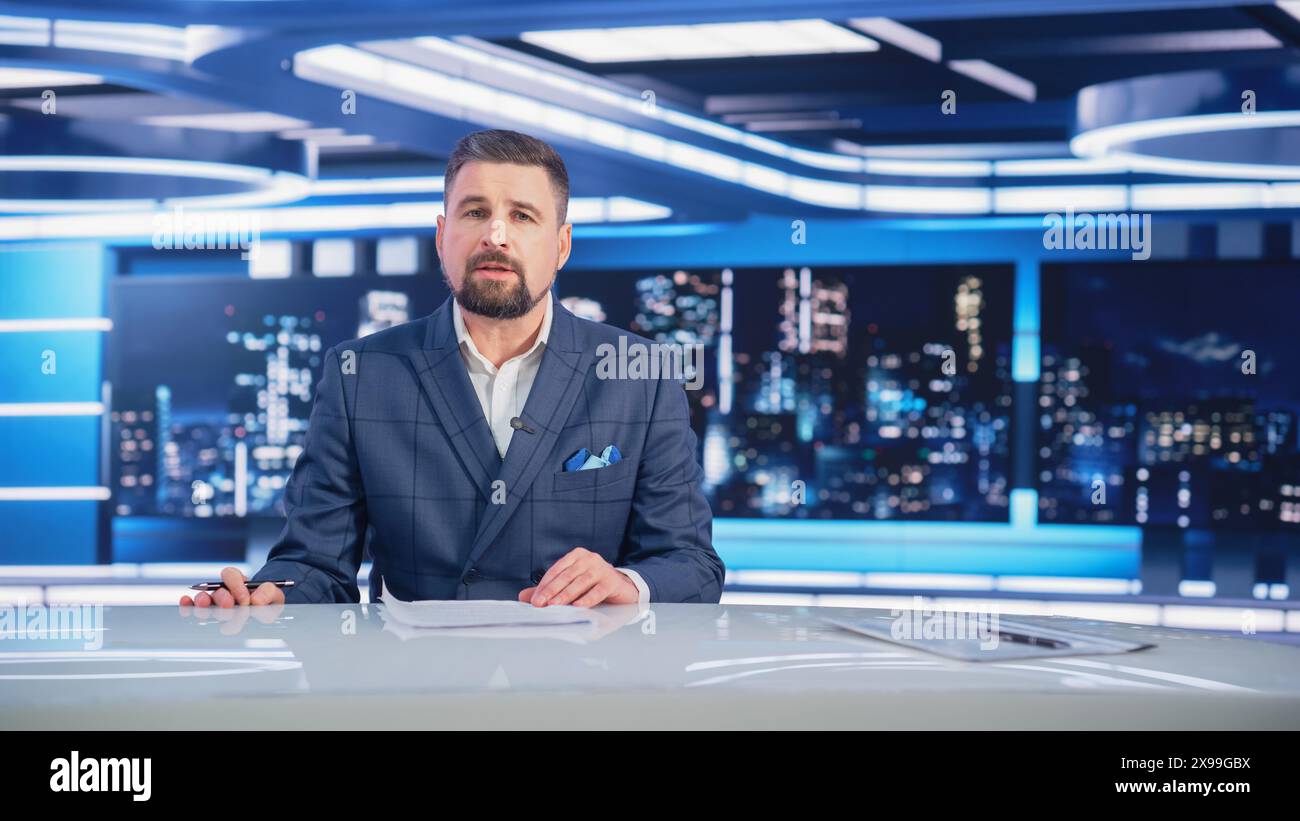 Daily News TV Program: Anchor Presenter Reporting on Business, Economy ...