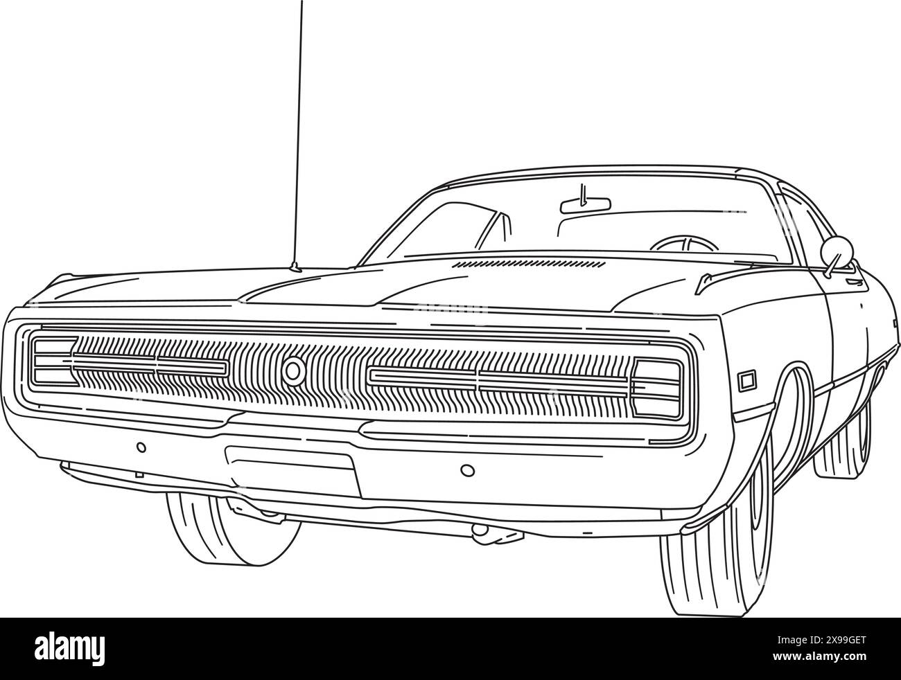 Vintage american muscle car from the 1970s low angle front view line ...
