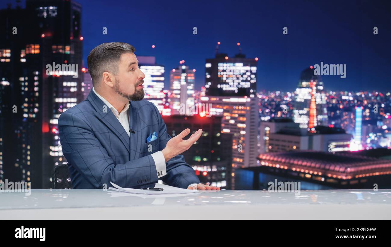 Late Night TV Talk Show Live News Program: Charismatic Male Anchor ...